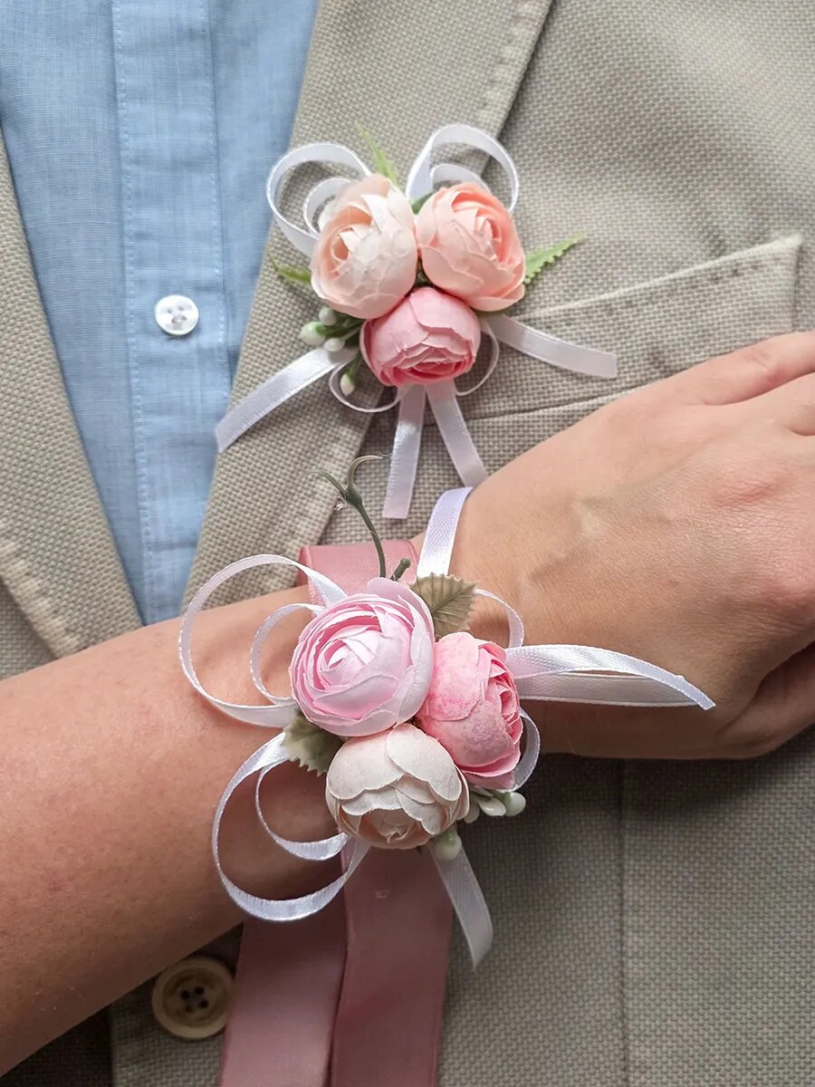 Набор: бутоньерка и браслет для жениха и невесты на руку и пиджак, комплект для свидетелей и гостей на свадьбу¶