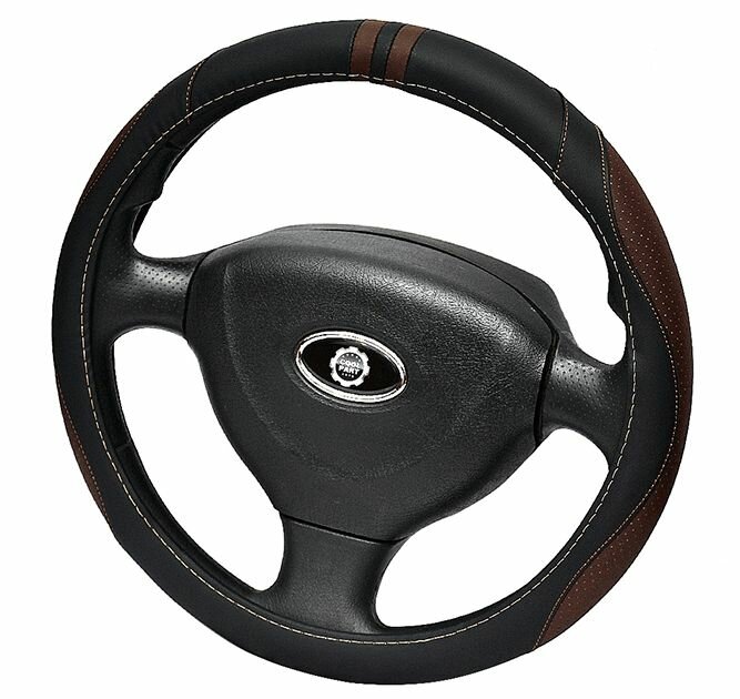 Оплетка на руль для автомобиля Шкода / Skoda Octavia, Rapid, Yeti, Kodiaq, Superb и др, в черном цвете с шоколадными вставками, Экокожа