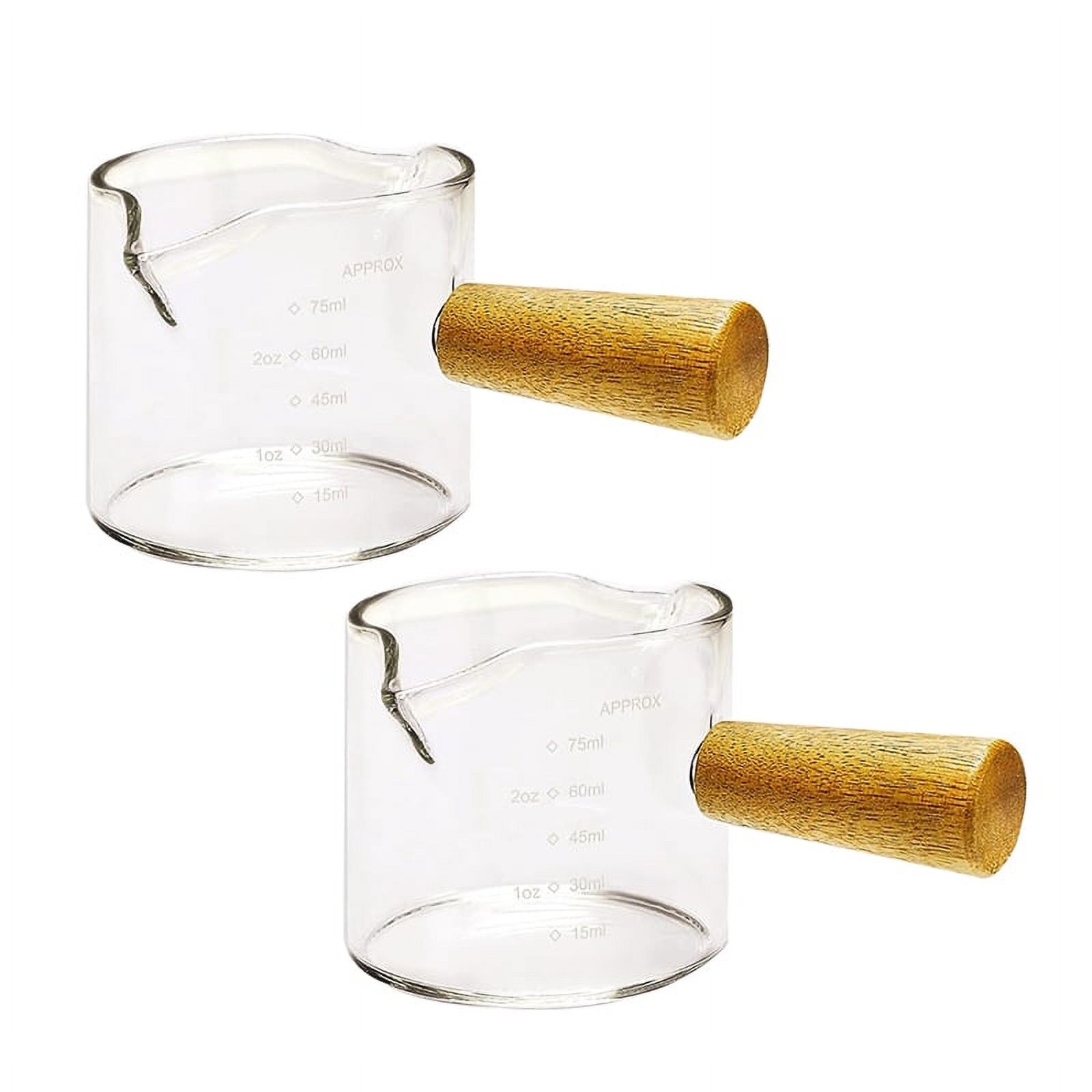 2Pcs Стаканы для эспрессо с двумя горлышками Measuring Glass с деревянной ручкой для молочного кофе, 75 мл, Цвет: Древесно-коричневый, Материал: стекло+дерево