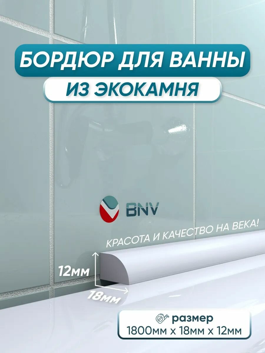 Акриловый бордюр плинтус для ванны BNV ПШ18 180 сантиметров, белый цвет, глянцевая поверхность