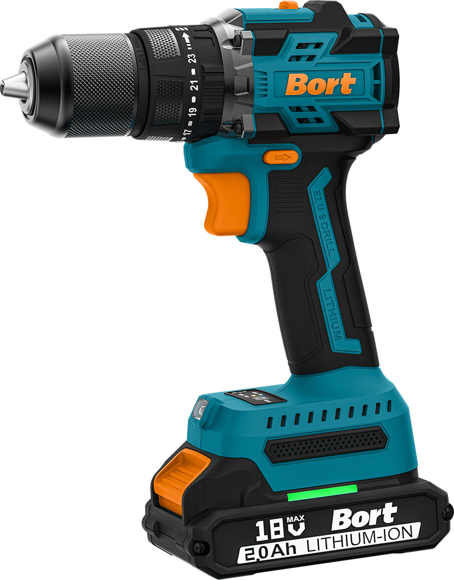 Дрель-шуруповерт аккумуляторная BORT BAB-21-BLK (2х2,0 Ач + ЗУ), 18В, 60Нм, 500Вт, до 400/1400 об/мин