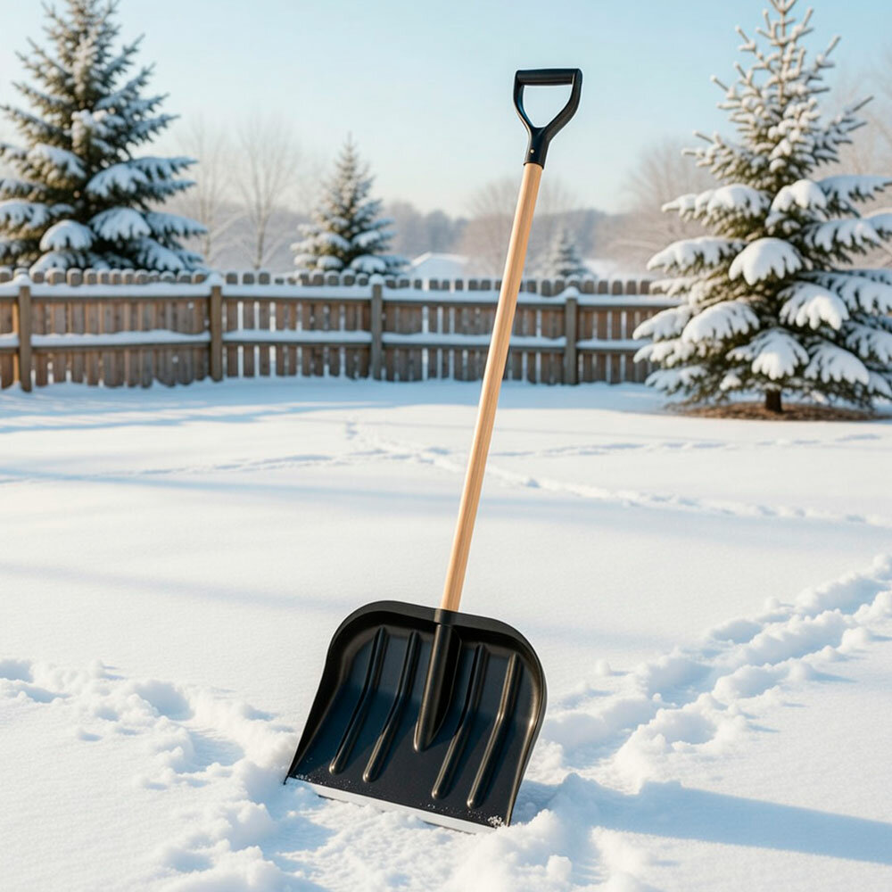Лопата снеговая "Снежок" №2, 410x360 мм, с алюминиевой планкой, деревянный черенок, v-образная ручка