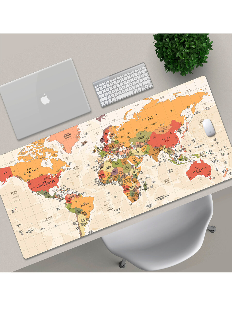 Коврик для мыши "Карта Мира", большая, 80x30см, бежевый/светло-желтый