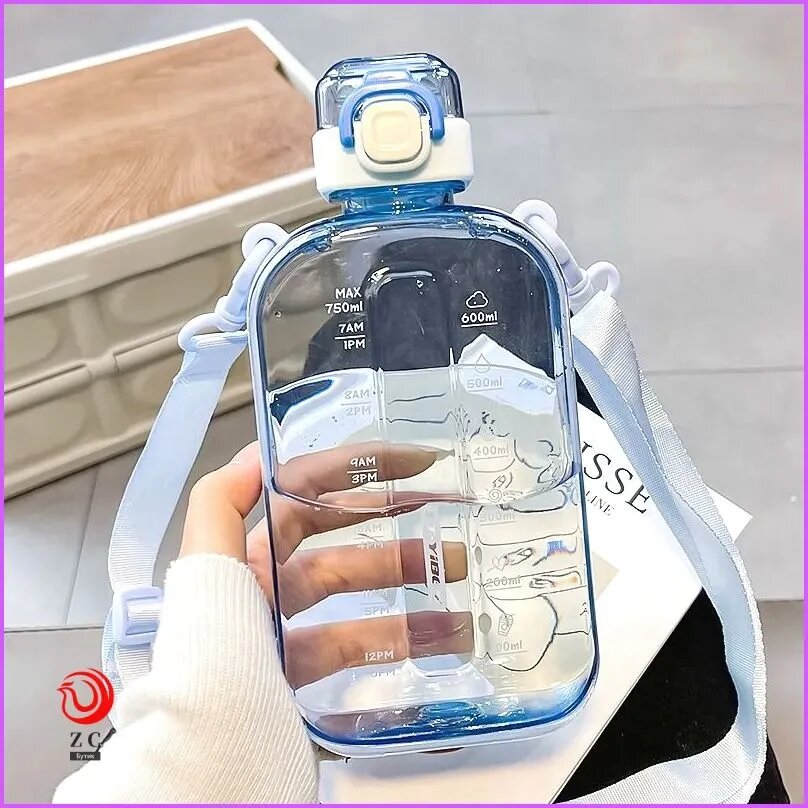 Фляга для воды 750 мл, синяя, с отметками времени, с ремешком, пластиковая