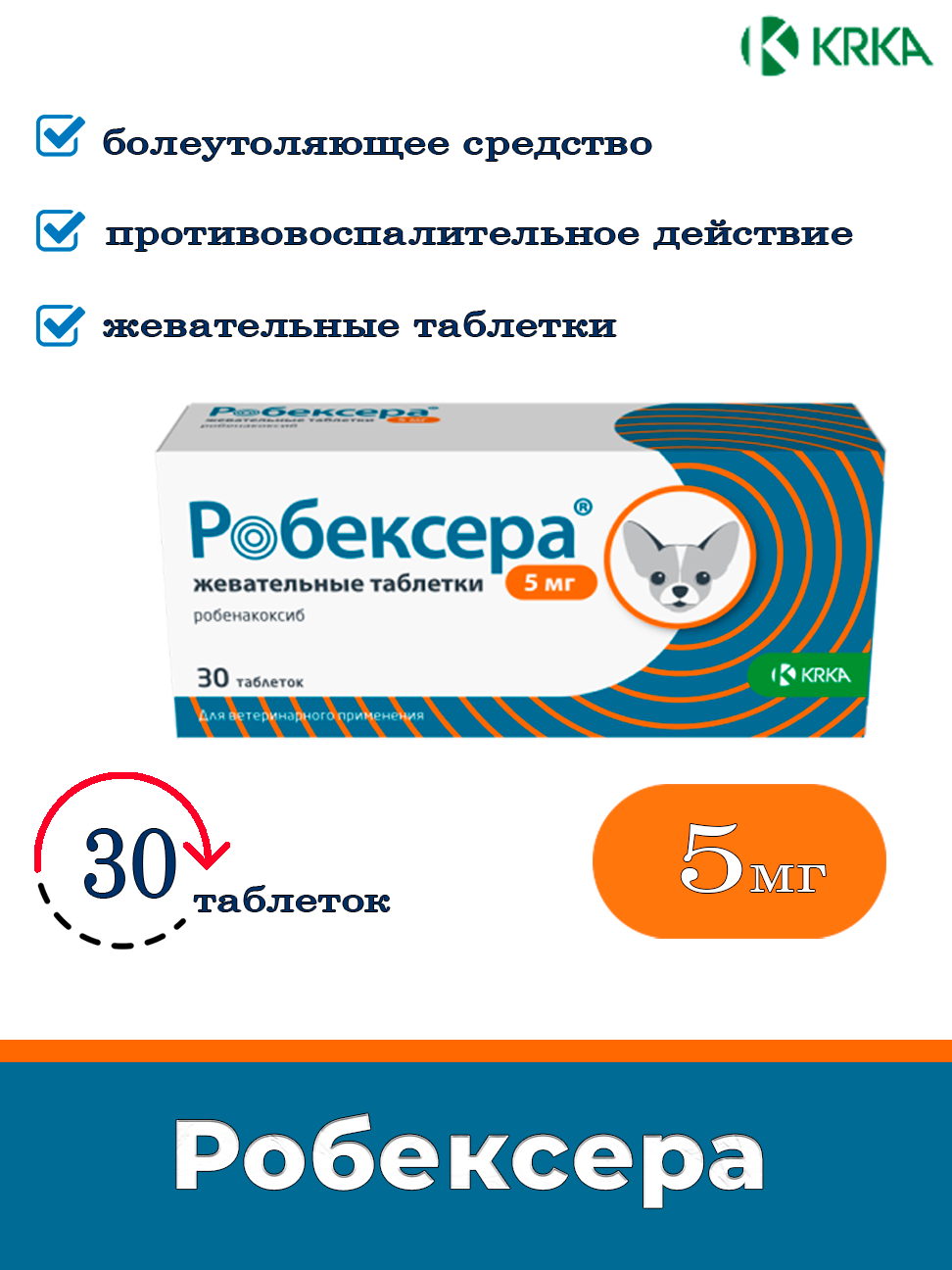 Ветеринарный препарат Робексера, жевательные таблетки 5 мг, 30шт