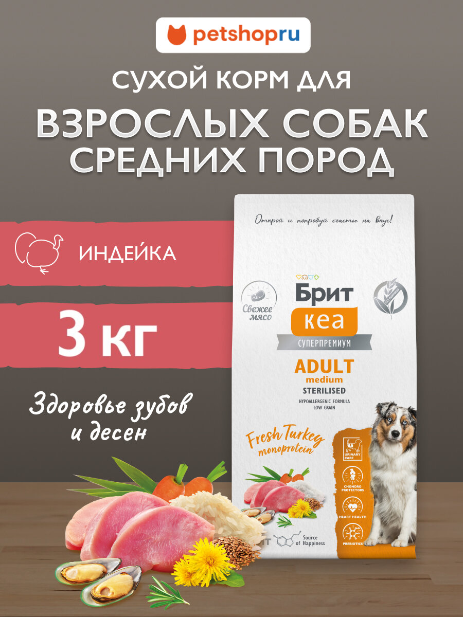 Сухой корм с индейкой для взрослых собак средних пород, для здоровья зубов