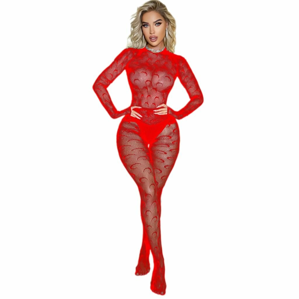 Прозрачные полые сексуальные колготки в сеточку с длинными рукавами и высоким круглым вырезом-красный