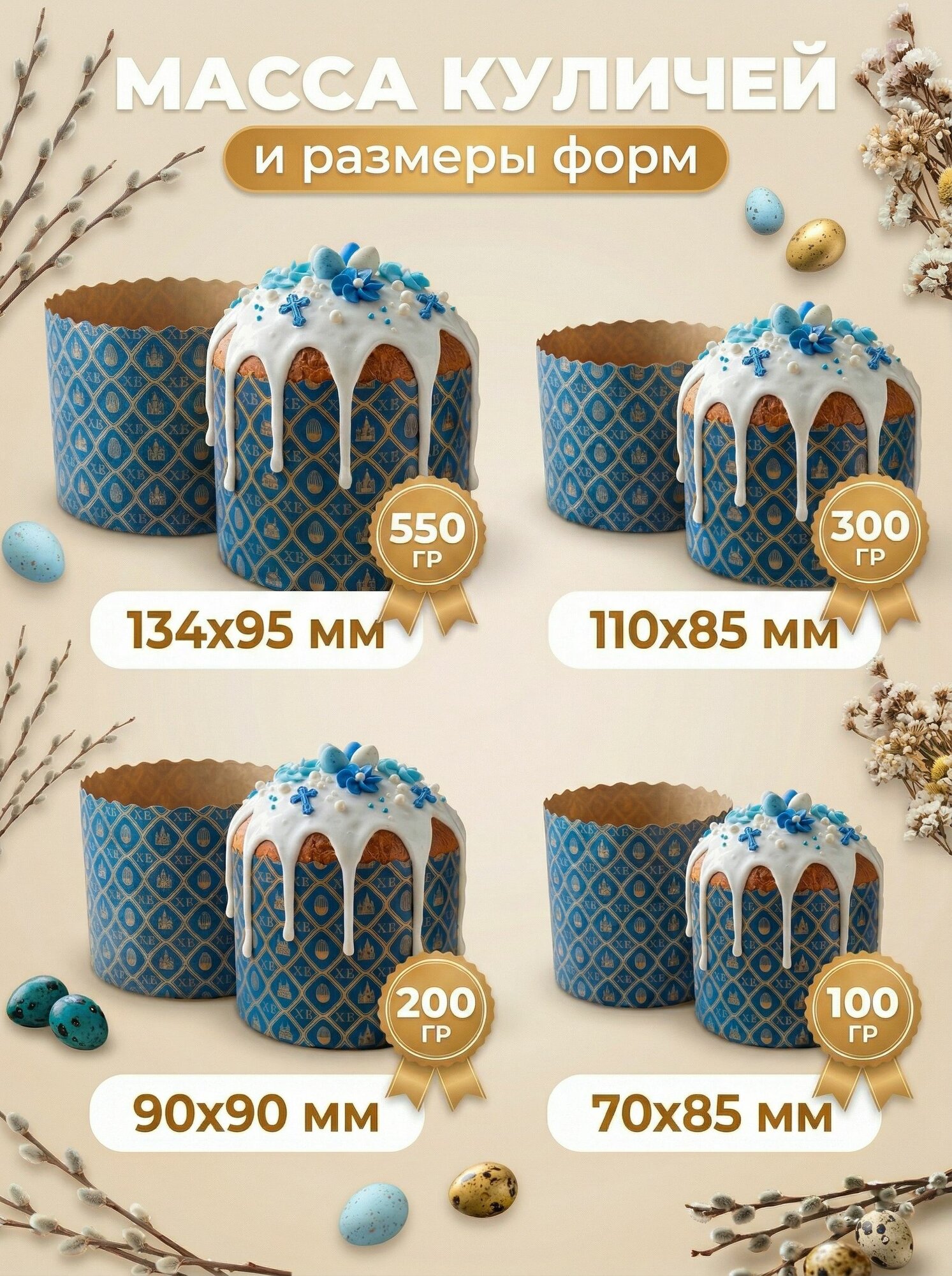 Набор бумажная форма для кулича 10 шт , форма для творожной пасхи 1 шт голубая — фото 1