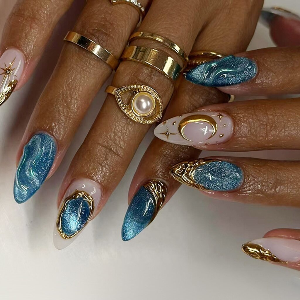 24шт Сверкающих Накладных Ногтей, Вдохновленных Глубоководным 3D-Дизайном Для Занятых Женщин Красоты