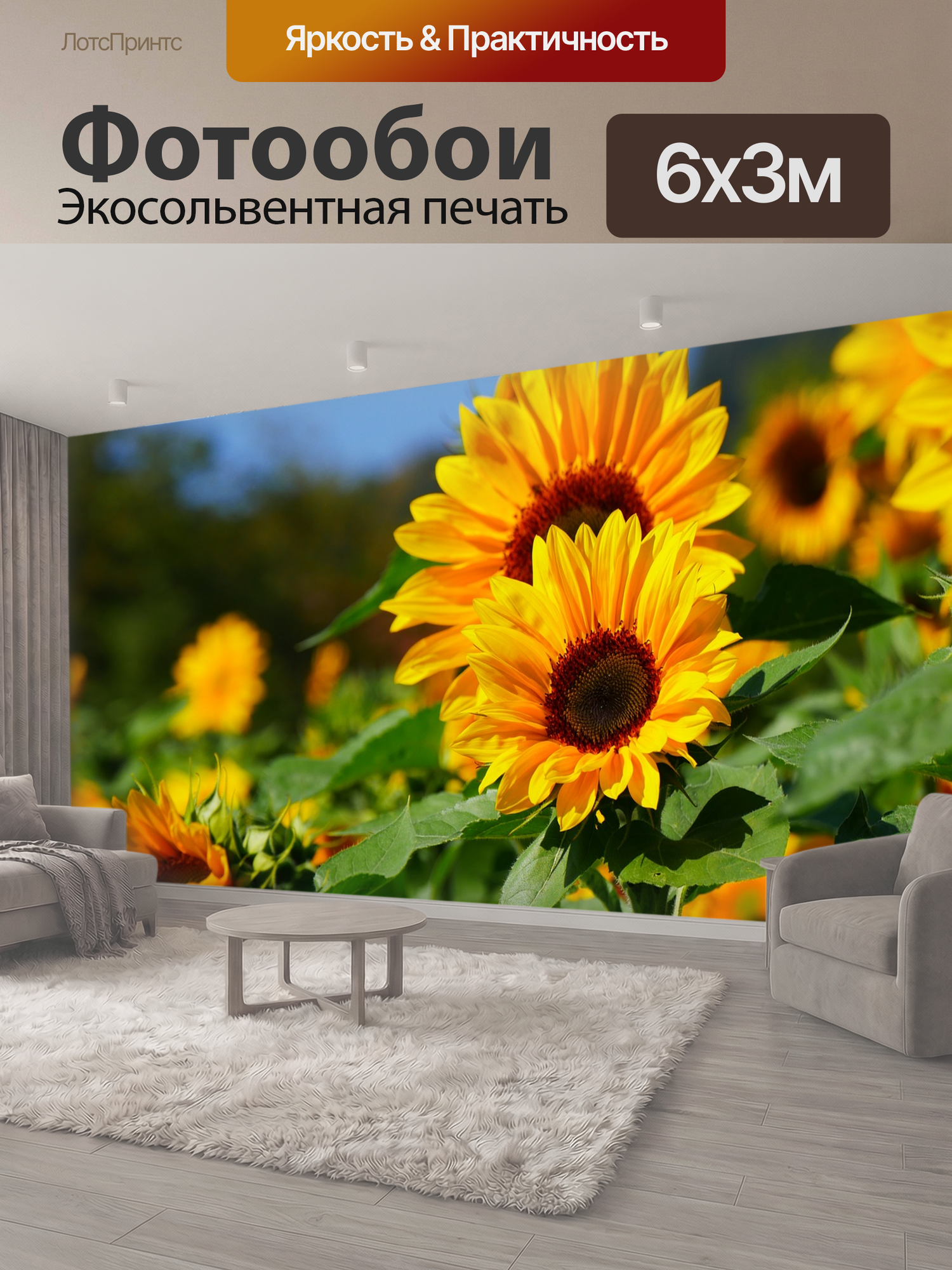 Фотообои "Подсолнухи, летом, подсолнух" 600x300 см. экосольвентная печать