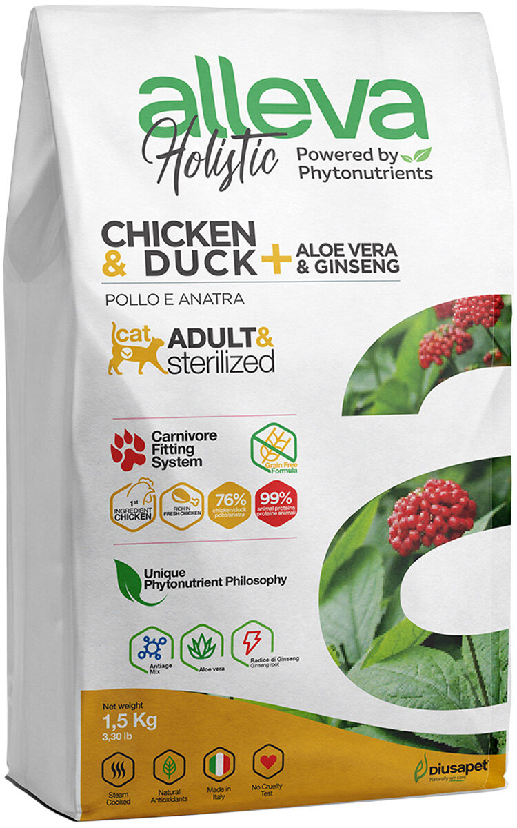 ALLEVA HOLISTIC ADULT CAT CHICKEN & DUCK беззерновой для взрослых кошек с курицей, уткой, алоэ вера и женьшенем (1,5 кг)