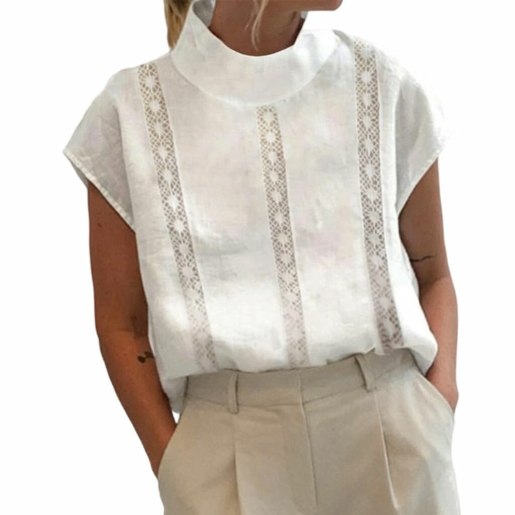 Женская блузка из хлопка и льна с кружевной отделкой белая размер M