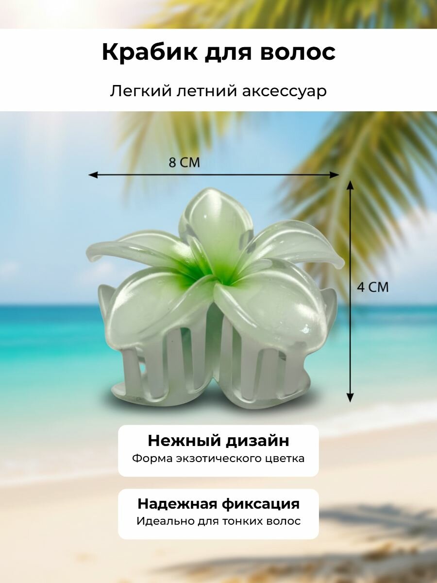 Заколка-краб для волос Зеленый Цветок Плюмерии 8 см, нежный мятный крабик Франжипани для тонких и средних волос, пастельный аксессуар для летних причесок, фисташковый зажим-цветок.