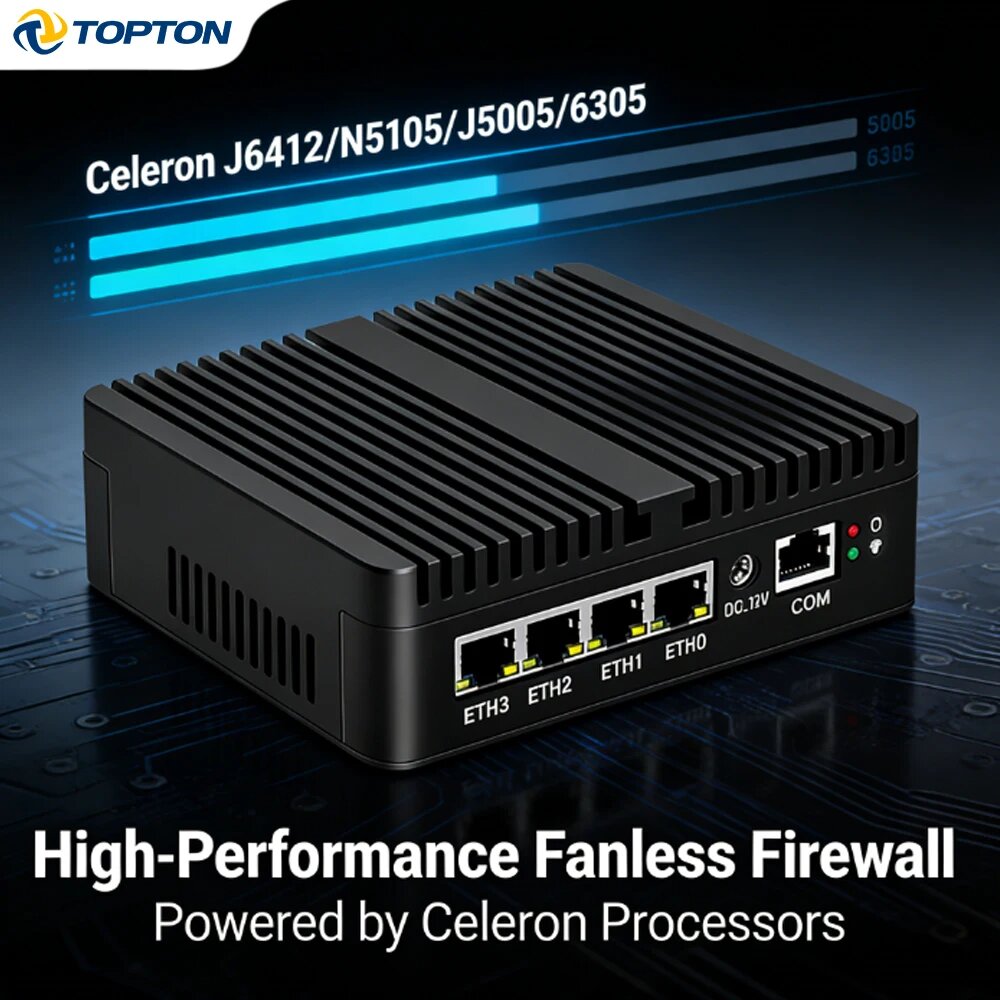 Мини-ПК Topton Fanless Firewall Router OPNsense 16GB DDR4 512GB NVMe, Celeron J6412