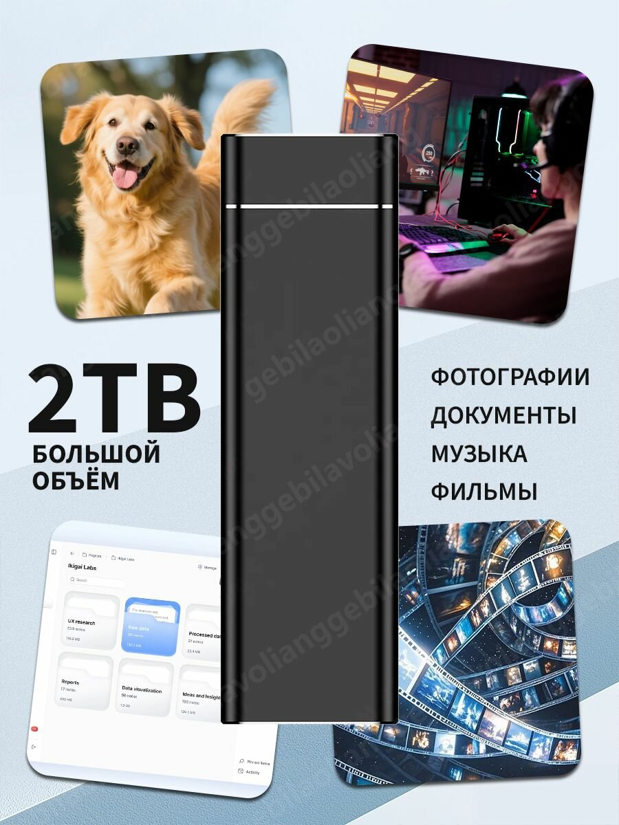 Внешний жесткий диск, 2ТБ, пластик, ударопрочный, скорость чтения 1200 Мб/с, черный