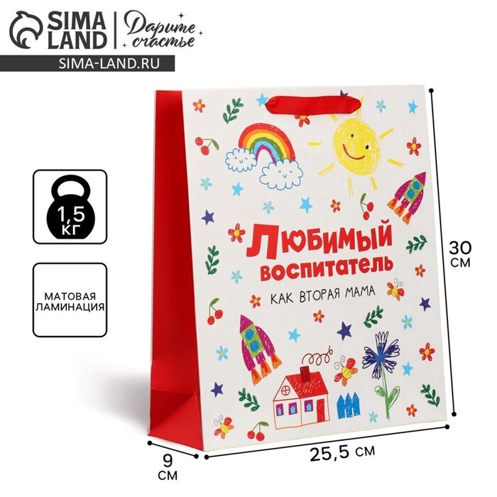 Пакет подарочный ламинированный, упаковка, Любимый воспитатель, M 25.5×30×9 см, 2 шт.