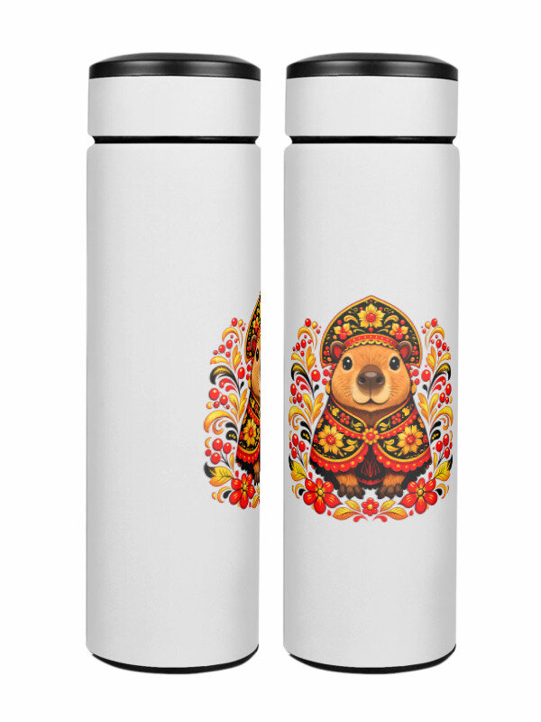 Термос «Узор хохлома-маленькая капибара в русскомузоре» (белый)