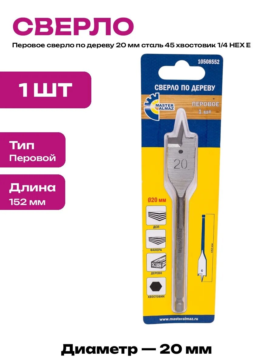 Перовое сверло Wood spade bits 20 мм дерево сталь 45 1/4 HEX