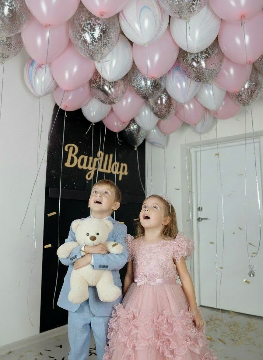 Набор гелиевых шаров, под потолок, 15 шт, серебряное конфетти, розовый, белый агат, уже надутые