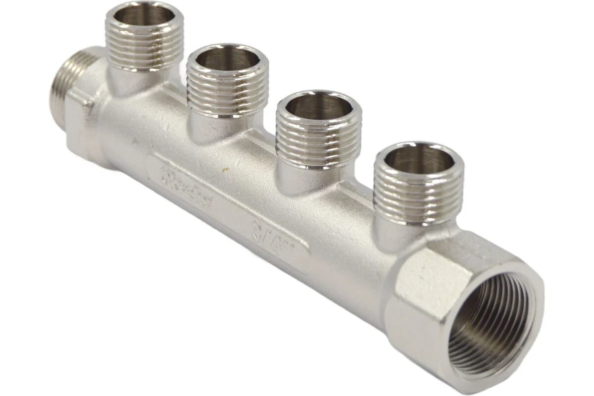 Коллектор латунный Okseler 3/4" x 1/2" НР 4 выхода, материал CW617N с никелевым покрытием, номинальное давление 1 МПа, максимальная температура +110 °C, межосевое расстояние отводов 36 мм.
