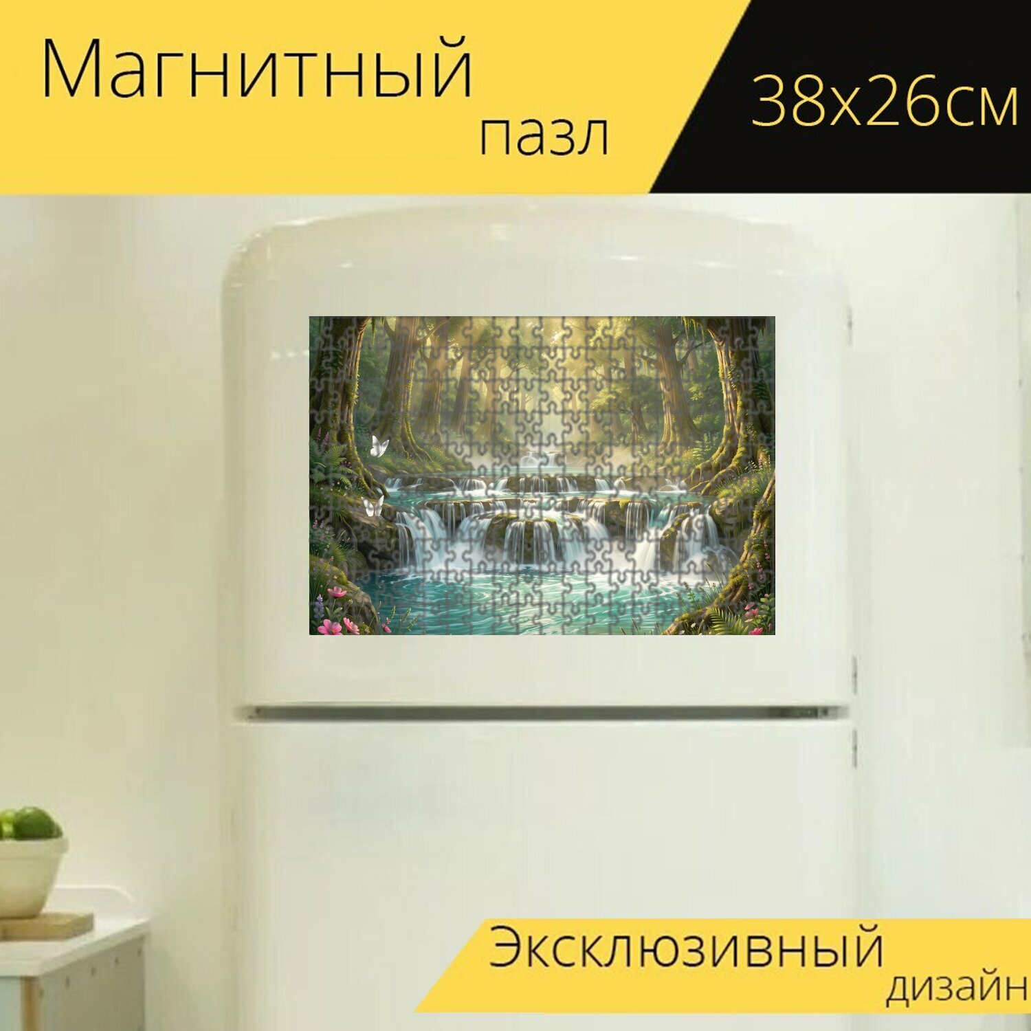 Магнитный пазл "Лесной водопад в солнечных лучах. Сказочная лесная панорама с каскадами прозрачной воды, бирюзовой гладью и высокими деревьями в мягком." для интерьера, 38х26 см.
