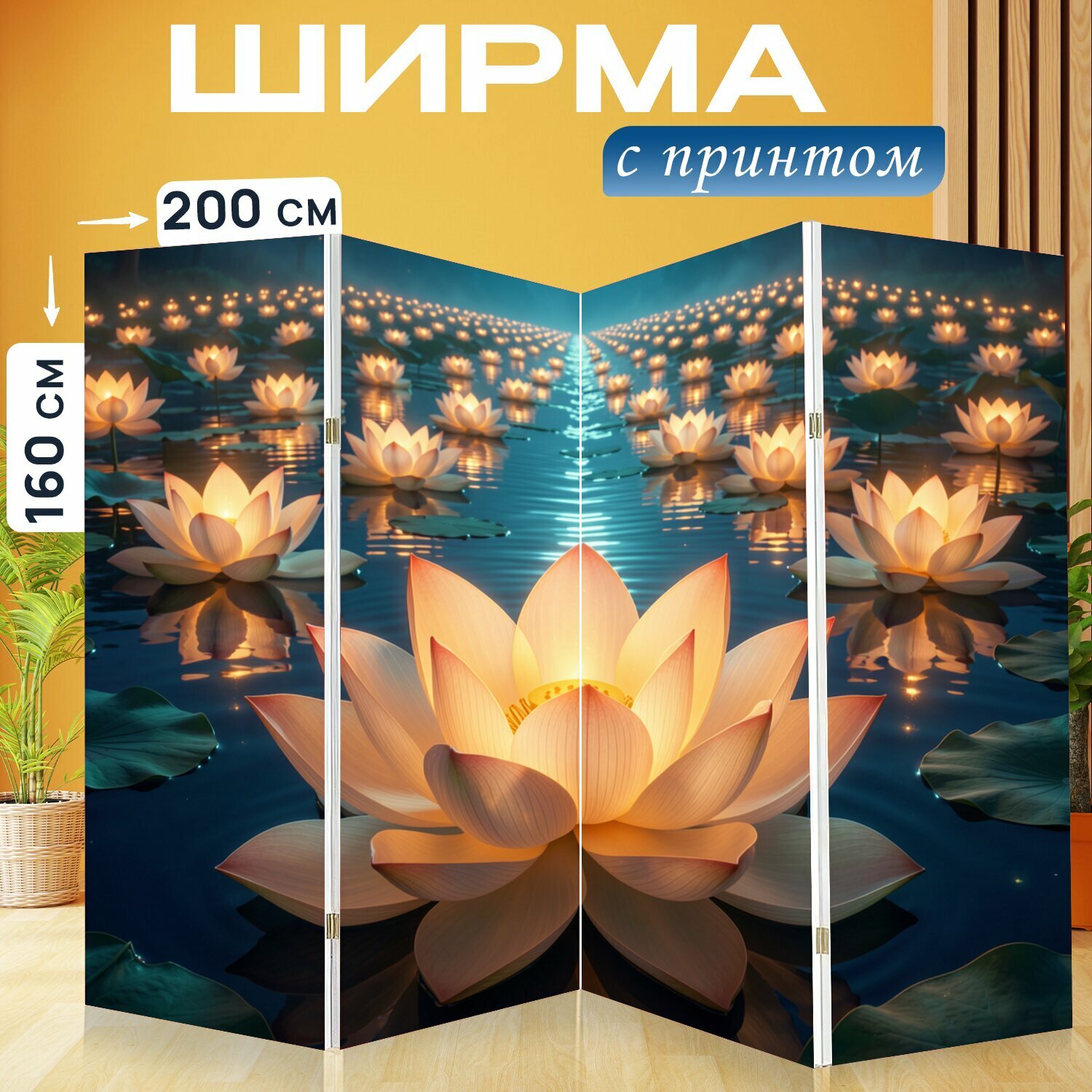 Ширма "Светящиеся лотосы на воде. Ночное водное пространство с множеством нежно светящихся цветков." перегородка для зонирования комнаты с принтом 200x160 см. на холсте