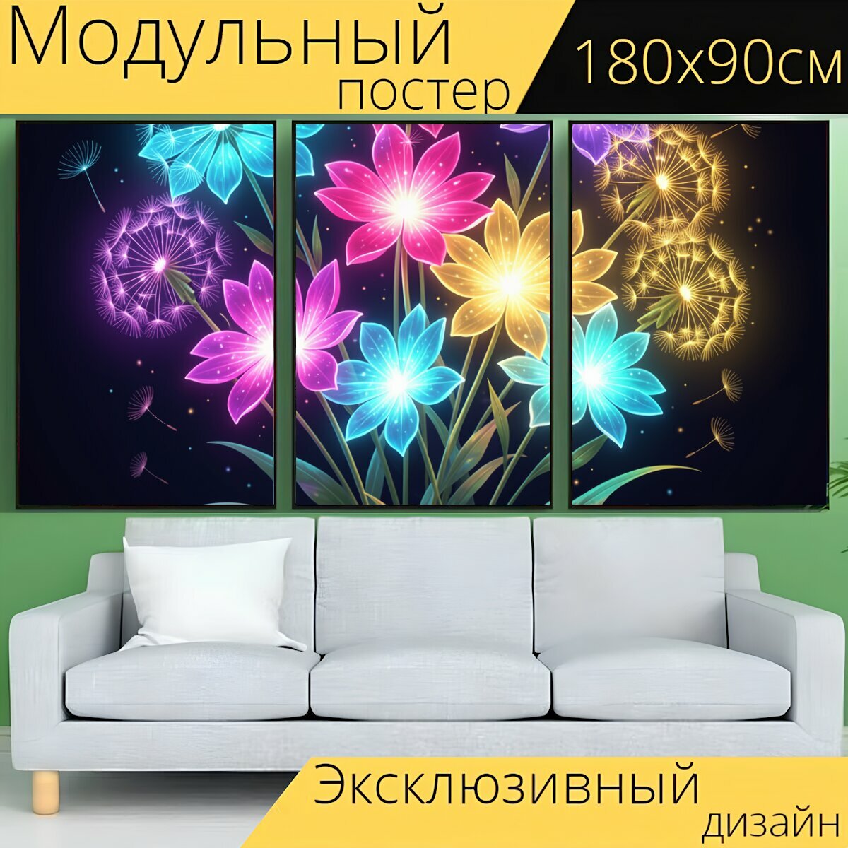 Модульный постер "Светящиеся фантазийные цветы. Неоновые растения с лепестками в розовых, голубых, фиолетовых и золотых оттенках на." 180 x 90 см. для интерьера на стену в тубусе