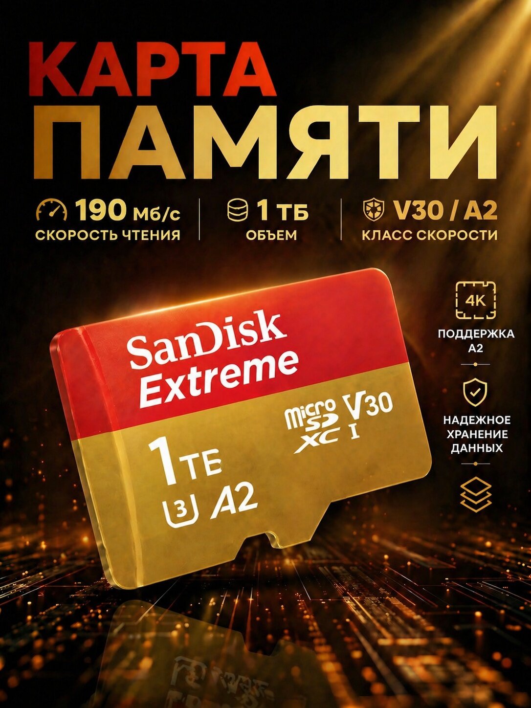 Карта памяти SanDisk MicroSDXC 1 TB Extreme, Чтение 190 MB/s, Запись 90 MB/s