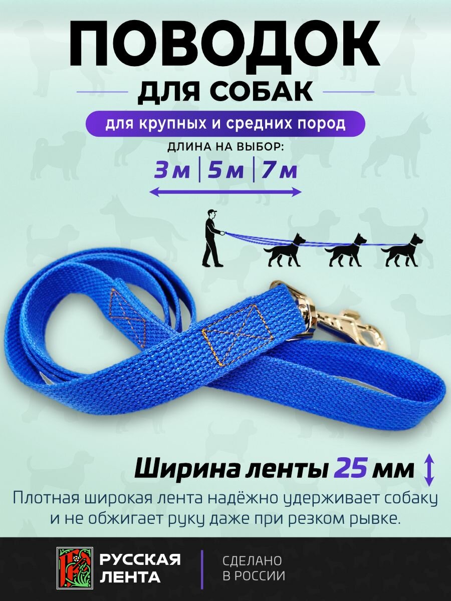 Поводок Синий 5м, 25мм, для собак крупных и средних пород
