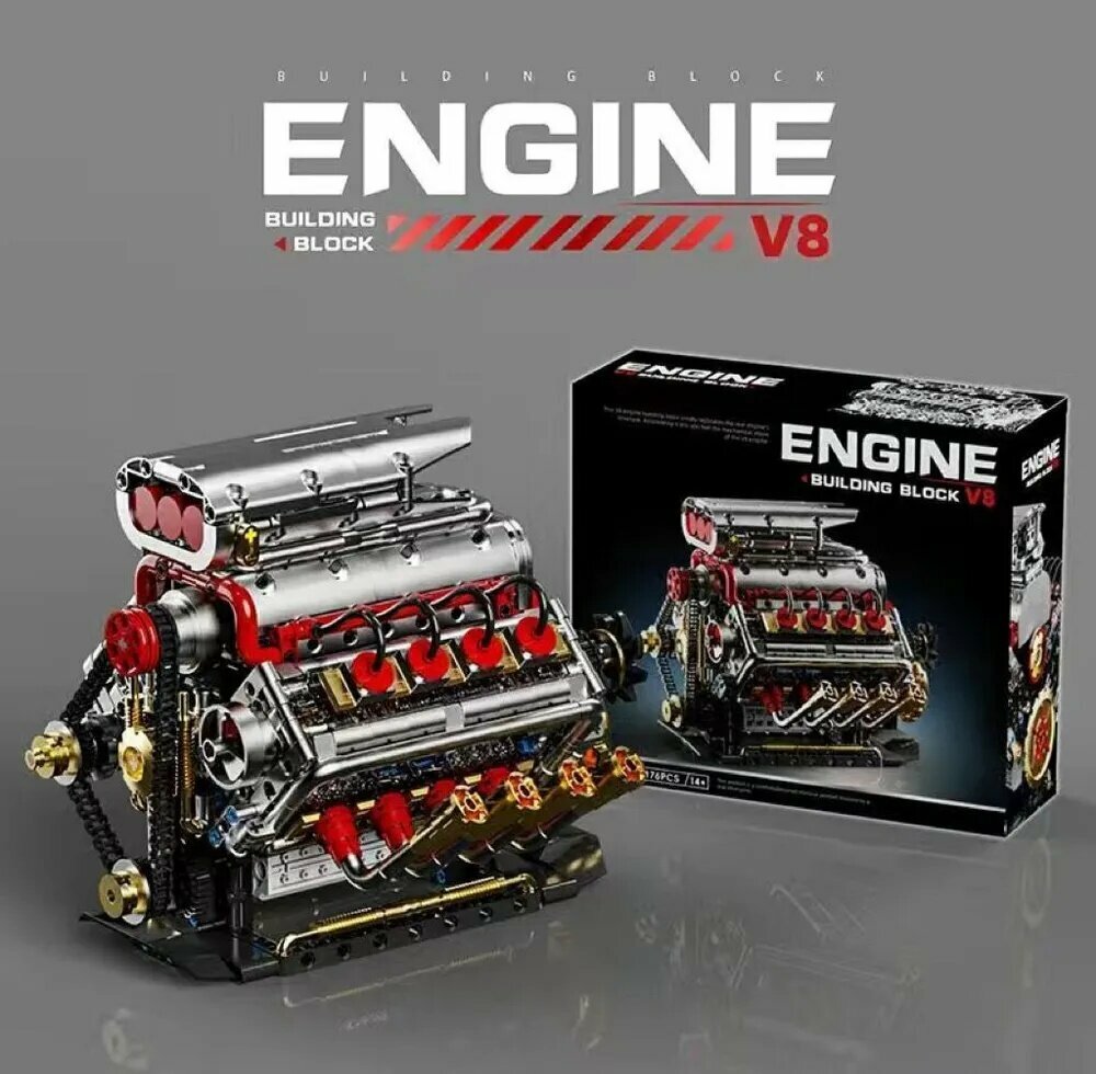 Сборная модель Двигатель V8 спортивного автомобиля с электроприводом. Динамический конструктор для мальчиков, коллекционный подарок и декор.