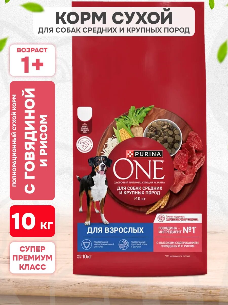 Корм сухой Purina One для взрослых собак средних и крупных пород, говядина и рис, 10 кг