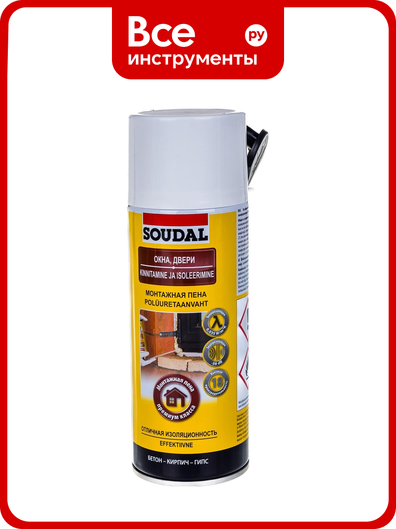 Ручная пена SOUDAL 103826 из ПВХ‑основы, повышенная звукоизоляция, готовый к использованию, светло‑желтый цвет
