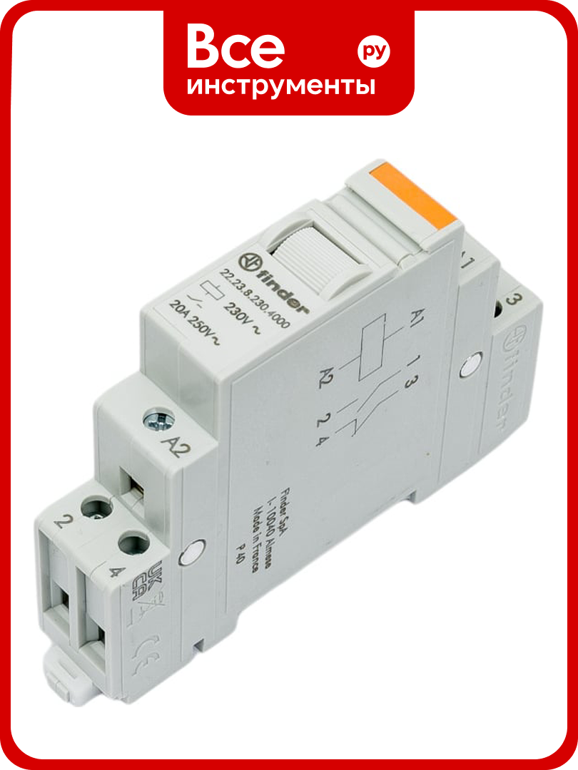 Модульное реле Finder 1НО + 1НЗ 20А, 230В AC, 222382304000, пластиковый корпус, установка на DIN‑рейку, нереверсивный