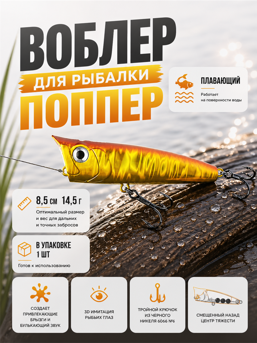 Воблер Jet Splashing Popper для рыбалки, с тройным крючком, имитация рыбной чешуи 8,5 см/14,5 г, оранжево-золотистый