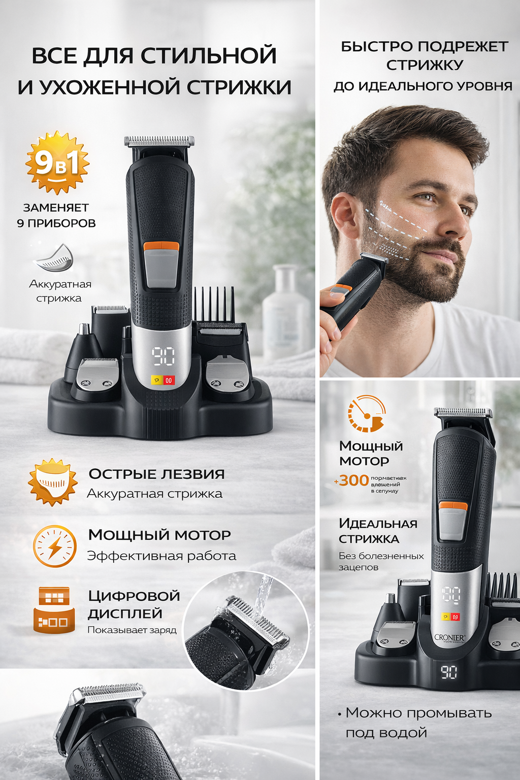 Триммер для волос ElektroBit CR-9085 профессиональный аккумуляторный набор 9 в 1