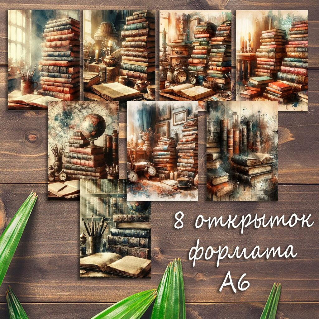 Большой набор открыток Книги, библиотека, 8 штук