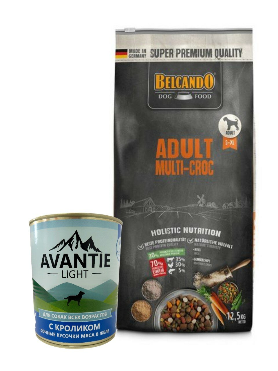 Belcando Adult Multi-Croc Сухой корм для взрослых собак 12.5 кг + AVANTIE Влажный корм для собак, Кролик 850 гр