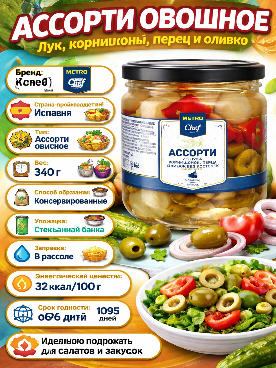 METRO Chef Ассорти овощное Лук, корнишоны, перец и оливки, 340г