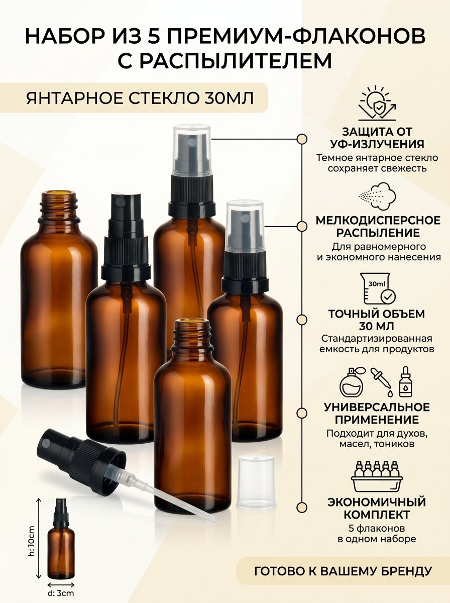 Флаконы с распылителем купи-флакон, стеклянные, янтарные, 30мл, 5шт