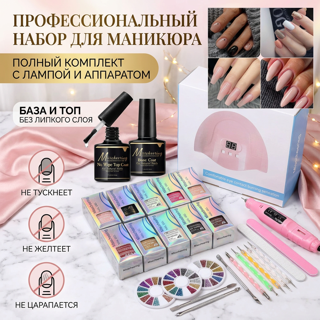 Маникюрный набор для маникюра, состоящий из 35 предметов, оснащен настольной лампой и полировщиком геля