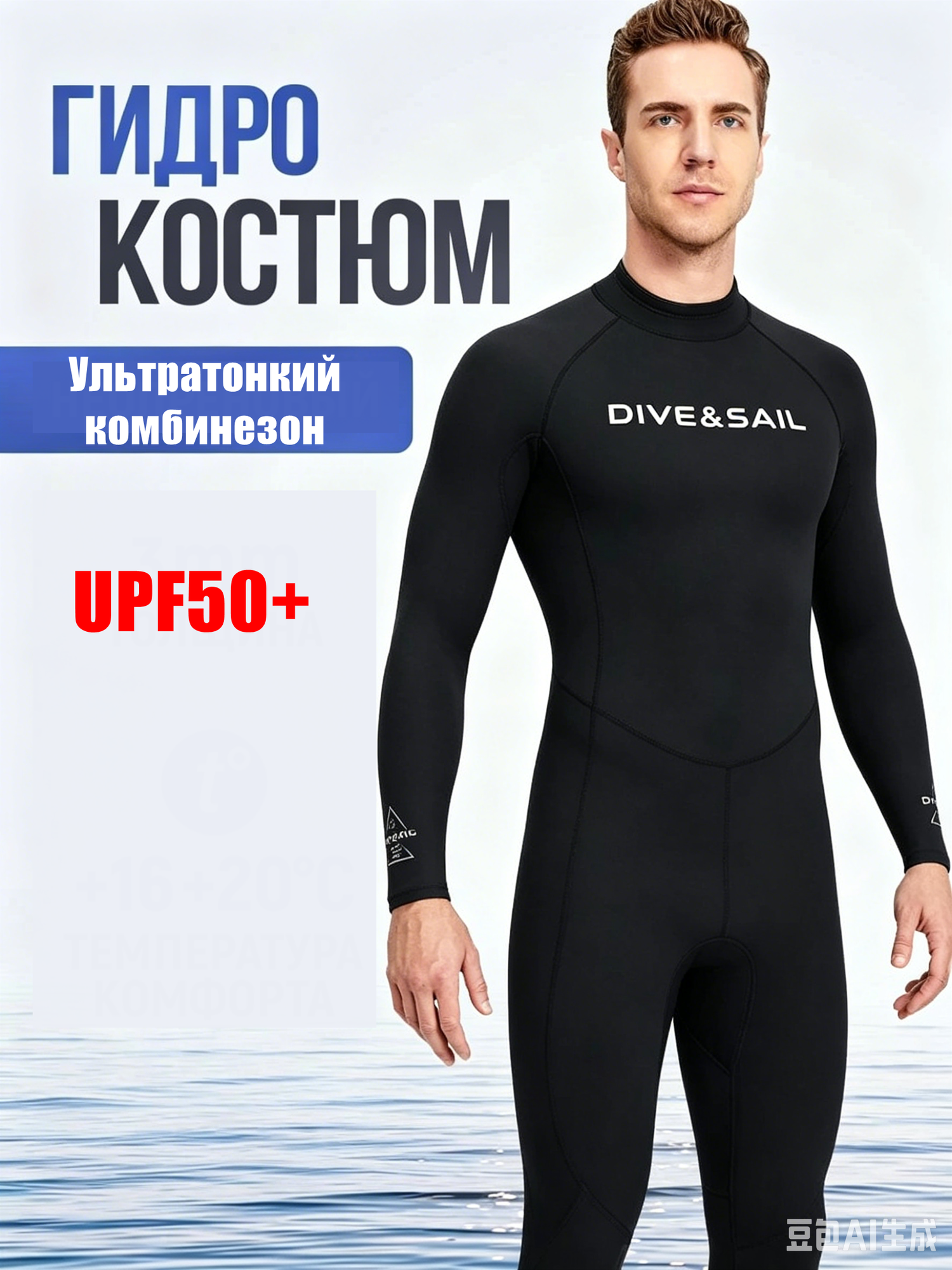 Мужской цельный ультратонкий гидрокостюм с защитой от ультрафиолета UPF50+