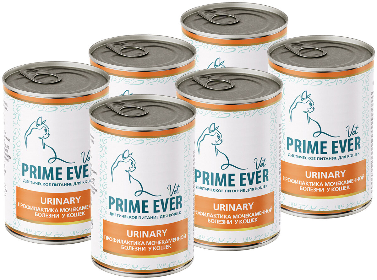 Корм влажный Prime Ever Vet Urinary для взрослых кошек профилактика мочекаменной болезни, 340 г х 6 шт