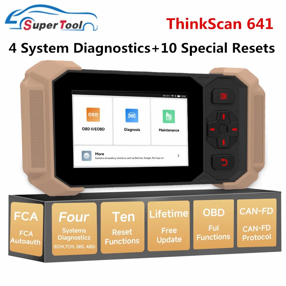 ThinkScan 641 Профессиональный диагностический инструмент OBD2, 4 системы, автомобильная диагностика, 10 функций сброса, поддержка двигателя CAN FD ABS EPB SRS