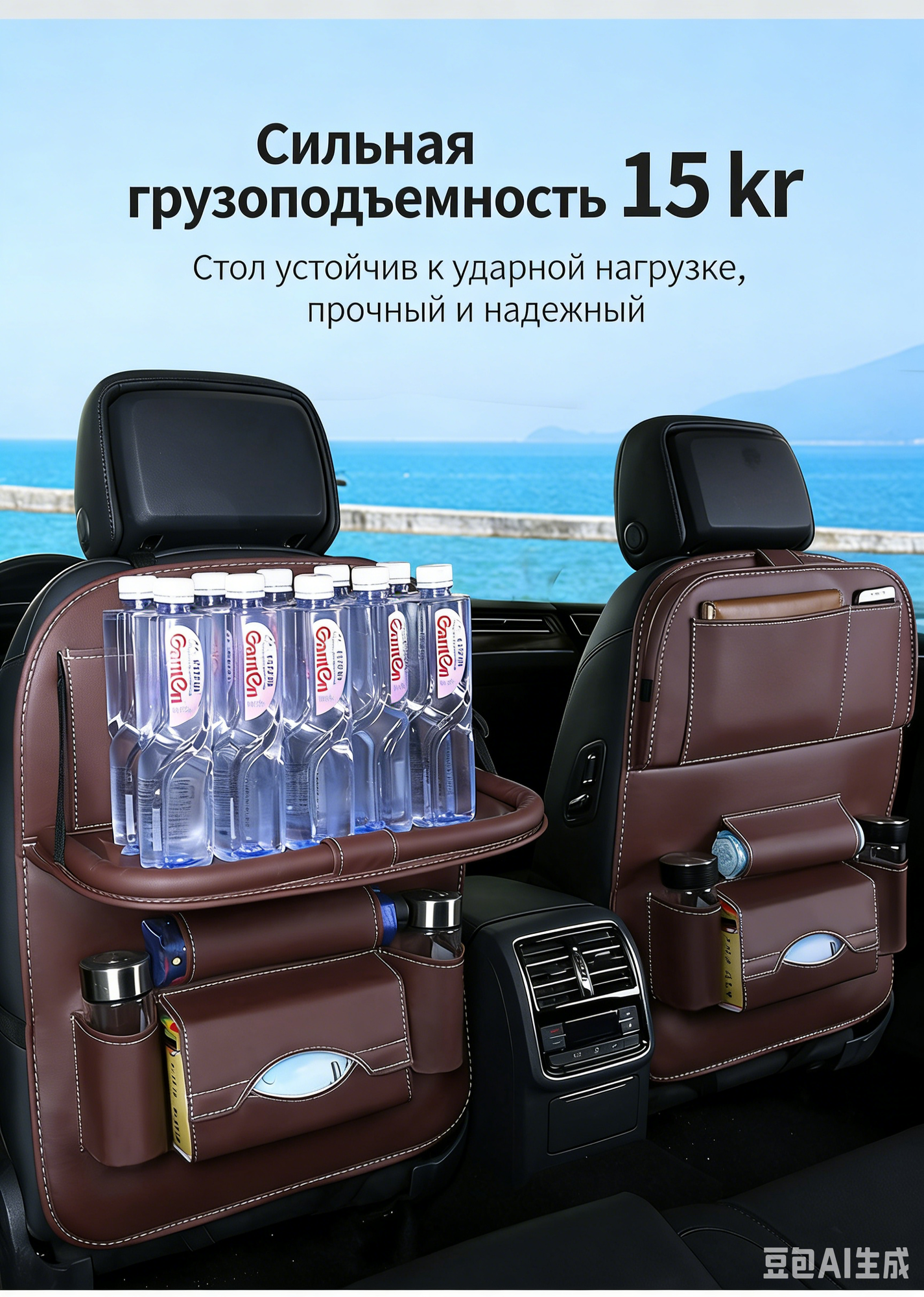Органайзер автомобильный со столиком на спинку сиденья авто из экокожи с карманами коричневый