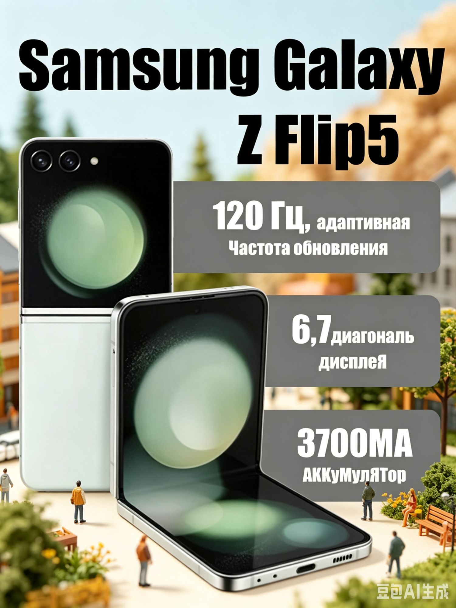 Смартфон Samsung Galaxy Z Flip5 8/256 ГБ, двойная SIM: nano SIM и eSIM, цвет мята