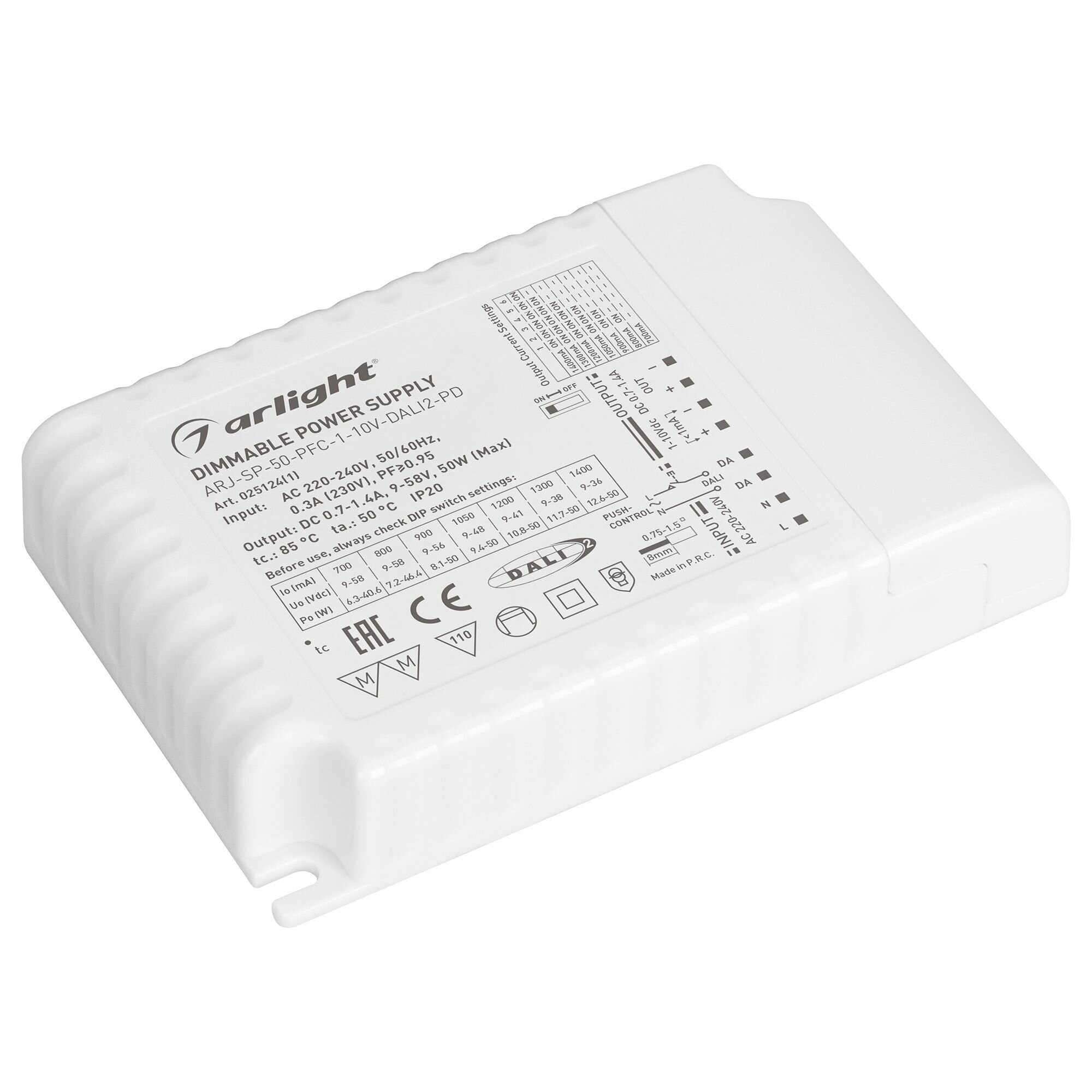 Блок питания для светильника Arlight ARJ-SP-50-PFC-1-10V-DALI2-PD (50W, 700-1400mA)