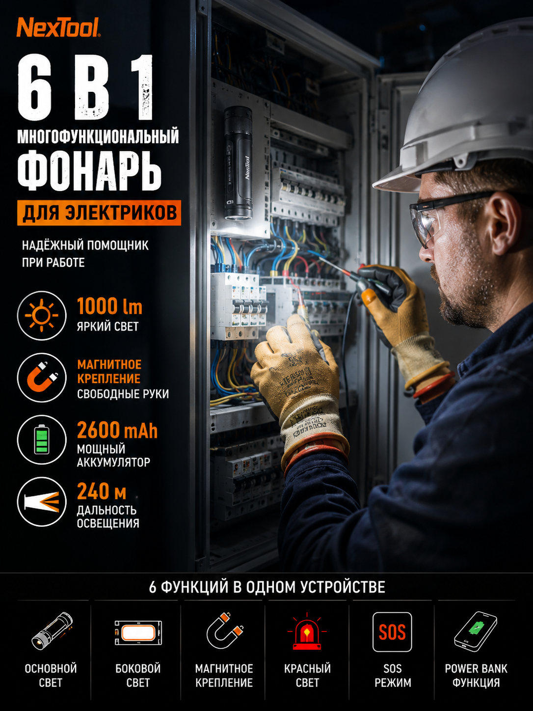 Фонарь ручной Xiaomi NexTool "Natuo", 6 функций, питание от аккумулятора, черный