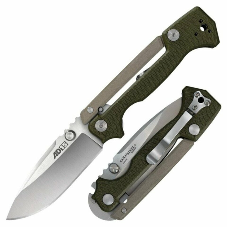Складной нож Cold Steel Deo AD-15 Scorpion Lock, 3,5 дюйма, сталь S35VN, клинок Drop Point, сатинированное гладкое лезвие, рукоять G-10, цвет оливковый, для активного отдыха и повседневного ношения.