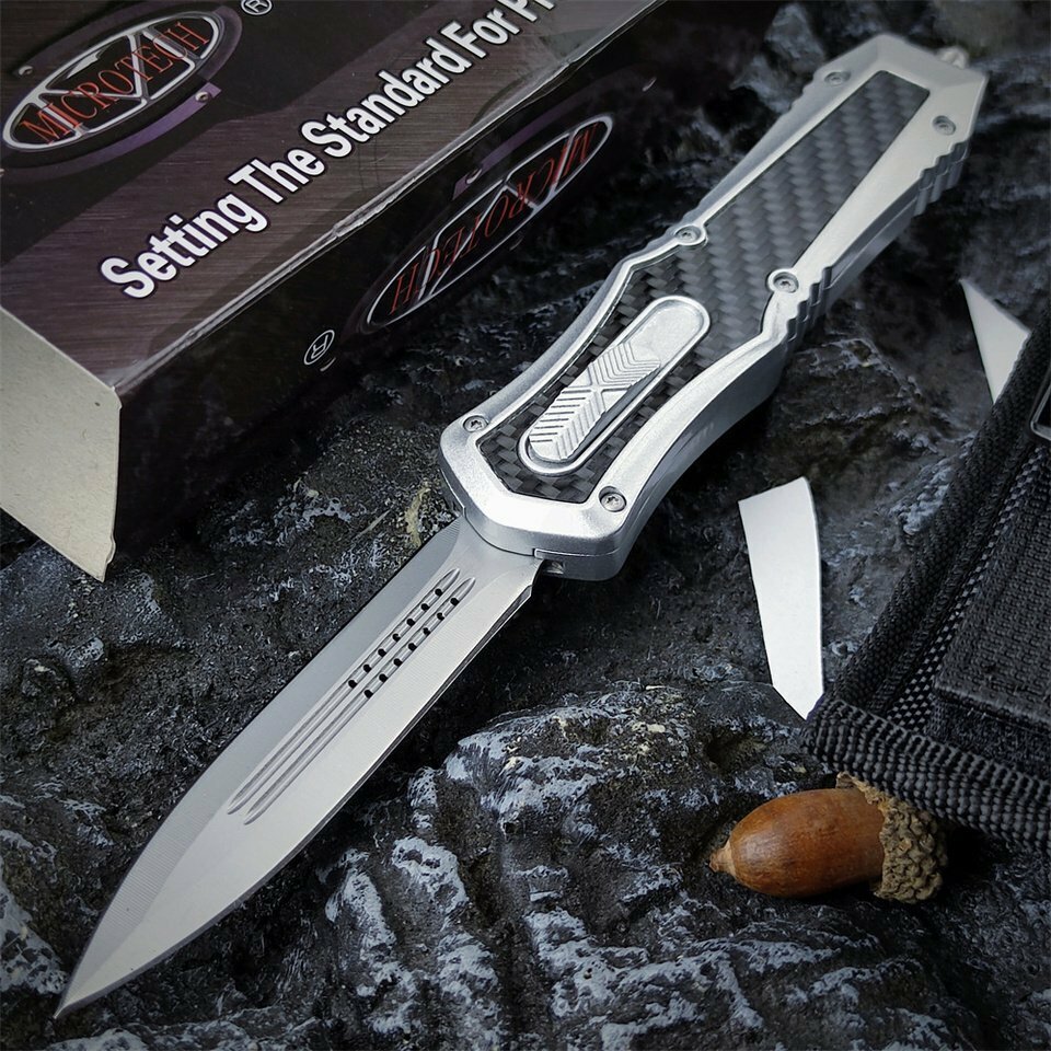 Тактический автоматический нож Microtech, лезвие 3.74 дюйма из стали 440C, рукоять из цинкового сплава с инкрустацией из угольного волокна, пружинный механизм, для охоты на открытом воздухе.