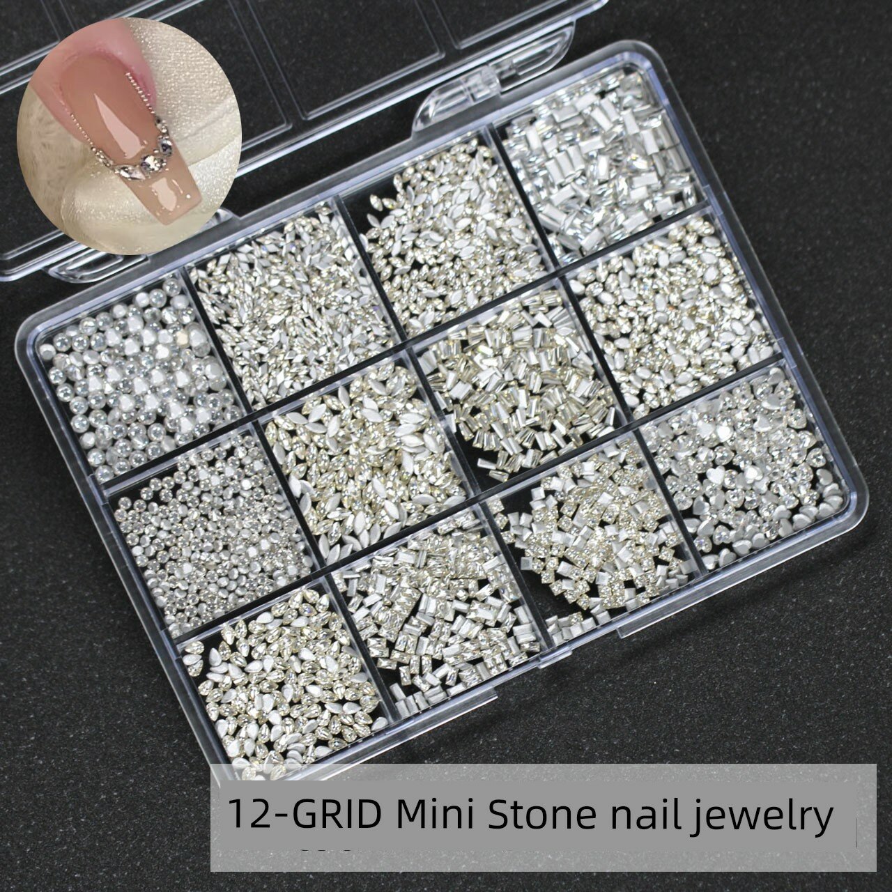 12-Grid Faceted Zirconia Nail Rhinestones, Approx. 1900 Pieces, Clear White, 5A Grade